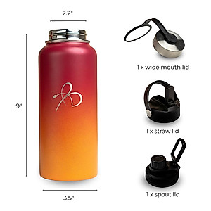 Bright Line Eating Signature B Logo 32oz Stainless Steel Water Bottle - Insulated, Dishwasher Safe, BPA Free, Includes 3 Lids, Orange Silicone Boot