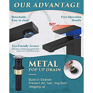 KUZOR Bathroom Faucets Matte Black, Single Hole Bathroom Sink Faucet with Metal Pop Up Drain, 304 Stainless Steel Modern Square One Hole Faucet for Bathroom Sink, Black Matt