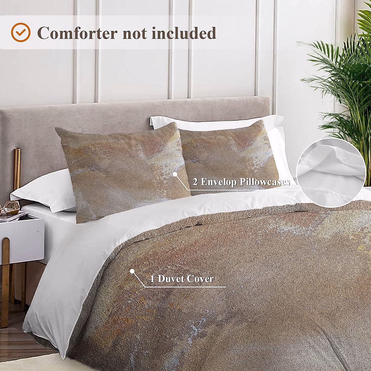 Shrahala Beige Brush Oil Painting Duvet Cover Set Twin Size, Brown Strokes Texture 3 Pieces Soft Brushed 100% Cotton Duvet Covers with Button Closure, 1 Duvet Cover 68x90 inches and 2 Pillow Shams