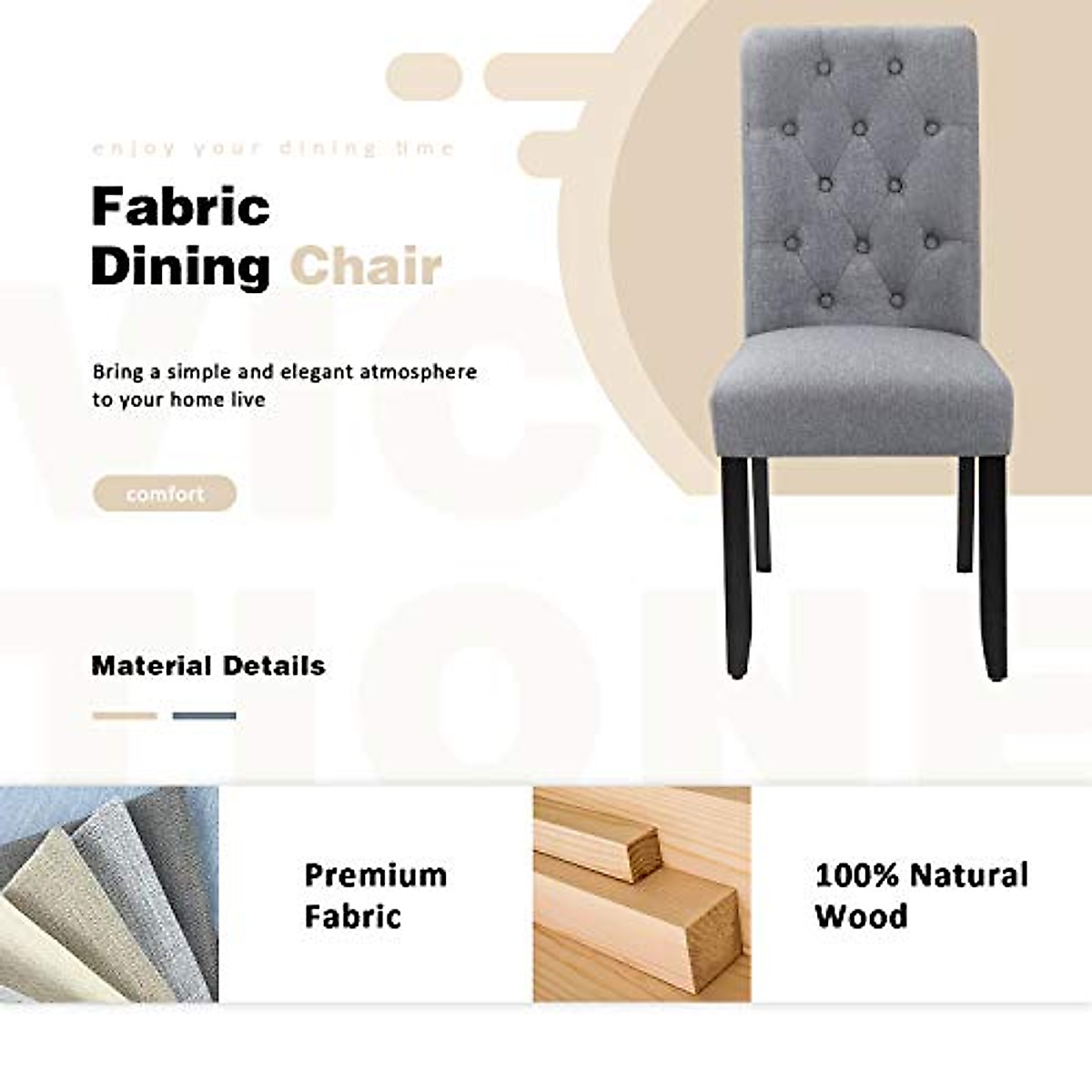 VICTONE Dining Chair Fabric Tufted Upholstered Design Armless Chair Set of 2 (Grey)