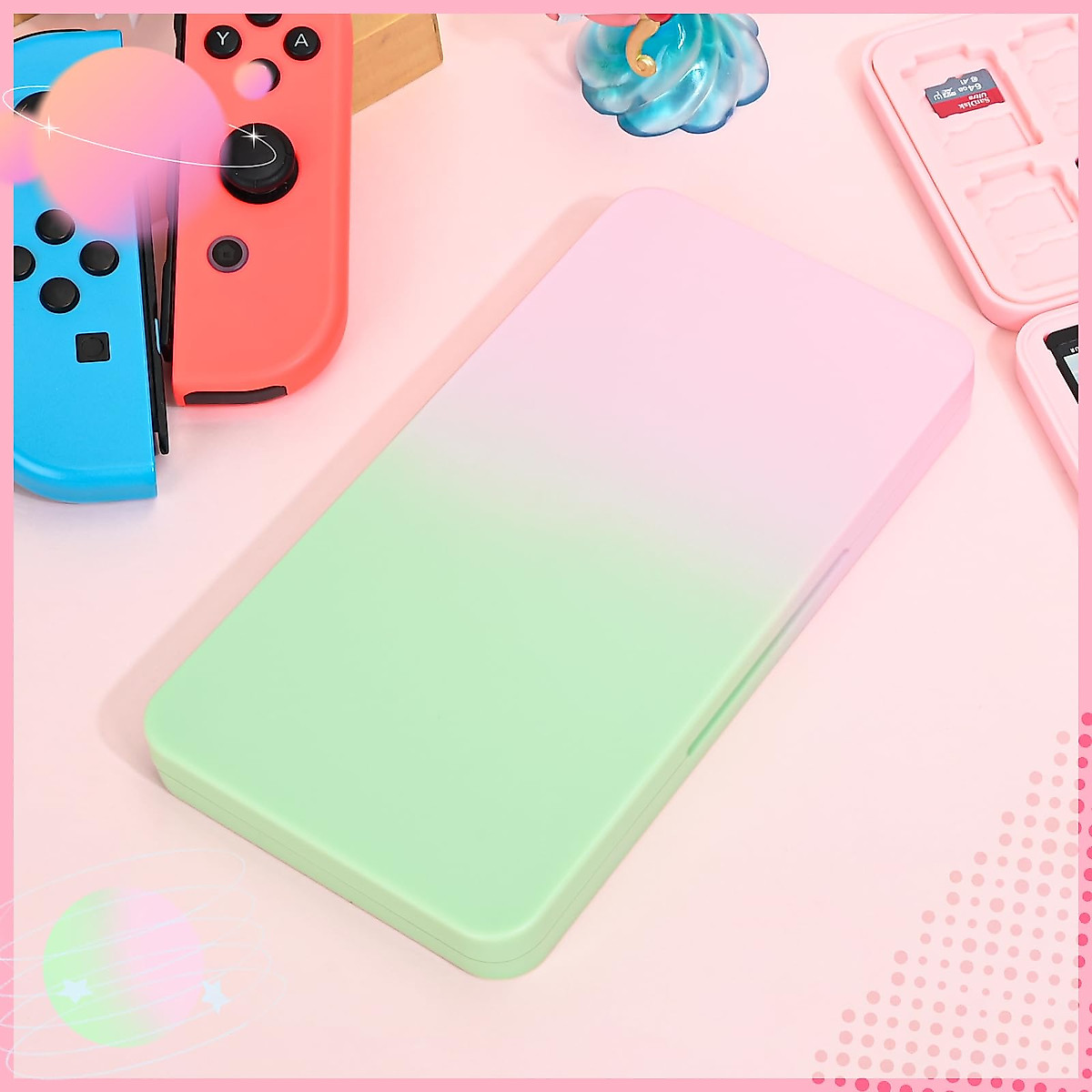 DLseego Game Card Case for Switch Lite/Switch/Switch OLED, Switch Game Cartridge Memory Card Portable Storage Box with 24 Game Card Slots and 48 Micro SD Card Slots-Pink Green
