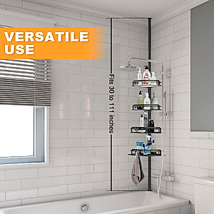 Yaltar Corner Shower Caddy, 4 Rustproof Corner Shower Shelves w/Tension Pole, for Bathtub Shampoo Storage, 30-111 Inch Adjustable