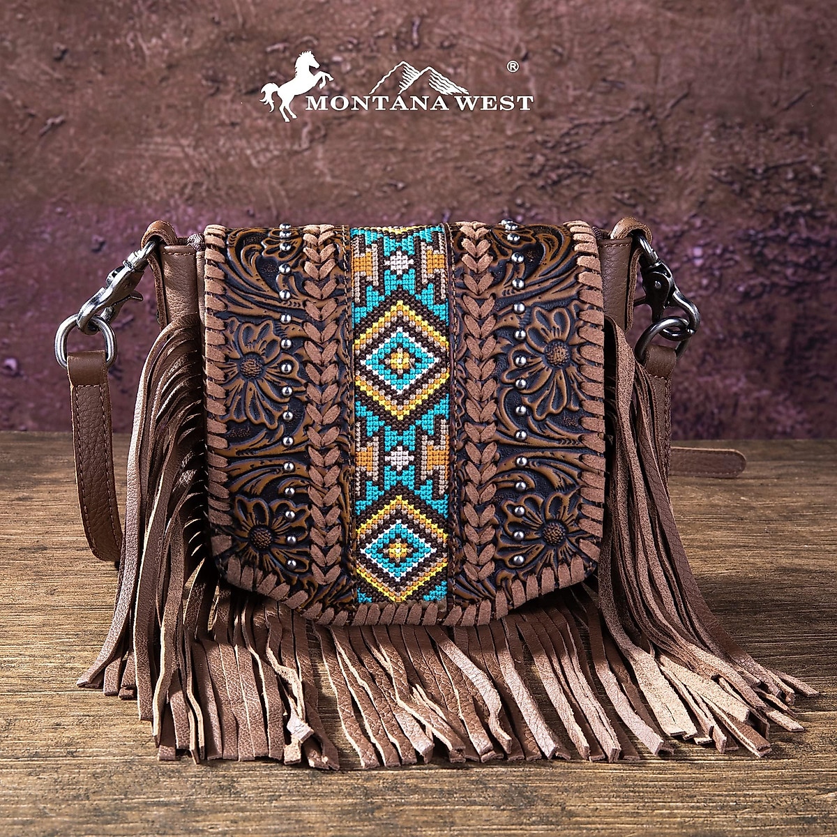 Montana West Western Small Purses for Women Crossbody Bag Fringe Purse Leather Women's Shoulder Handbags Tooled Aztec LSS-RLC-L166BR