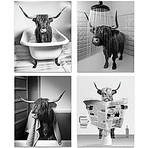 Funny Highland Cow Bathroom Wall Art Prints, Vintage Black and White Rustic Style Cute Bathroom Cow Canvas Art Poster for Bathroom Restroom Decoration, Farmhouse Wall Decor, Set of 4(8"x10" Unframed)