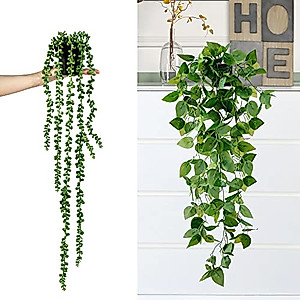 Sggvecsy Fake Hanging Plants 4 Pack Artificial Hanging Plants Fake Potted Greenery Faux Eucalyptus Vine String of Pearls Boston Fern Ivy Vine Leaves for Home Indoor Outdoor Shelf Wall Garden Decor