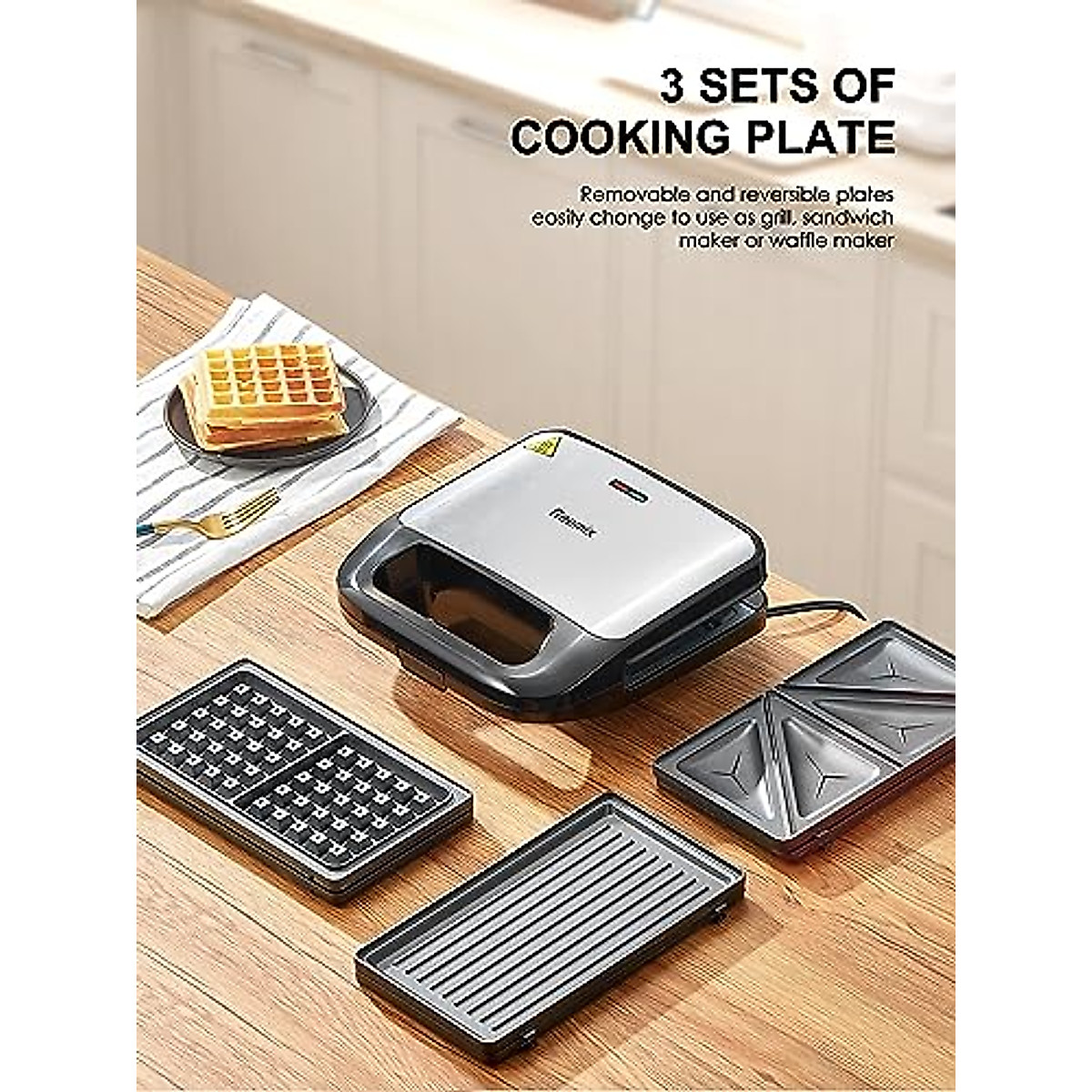 Reemix 3-in-1 Waffle, Grill & Sandwich Maker, Panini Press Grill and Waffle Iron Set with Removable Non-Stick Plates, Perfect for Cooking Grilled Cheese, Tuna Melts, Burgers, Steaks and Snacks, Black (3 in1 Sandwich Maker With Plastic Handle)