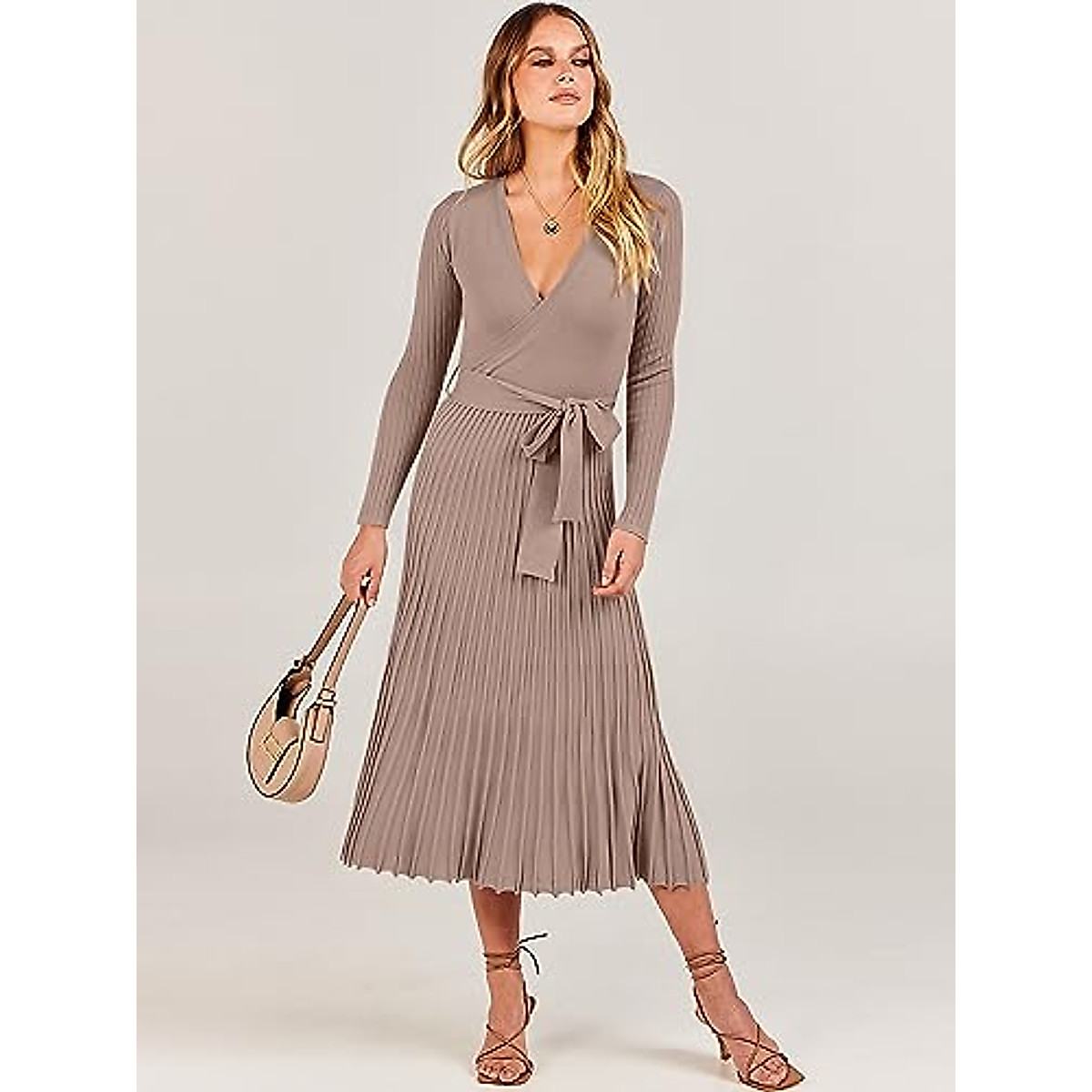 ANRABESS Long Sleeve Sweater Dress 2023 Fall Wrap Pleated V Neck Work Office A Line Tie Waist Soild Color Belted Ribbed Knit Bodycon Midi Sweater Dress 937doukou-XL