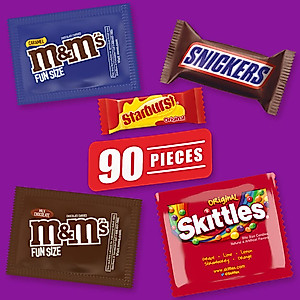 M&M'S Milk Chocolate, M&M'S Caramel, SNICKERS, SKITTLES & STARBURST Individually Wrapped Bulk Variety Pack Candy Assortment, 45.69 oz, 90 Pieces Bag