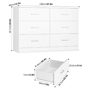 FOTOSOK White Dresser, 47.2'' Large 6 Drawer Dresser Wide Chest of Drawers for TV Stand, Modern Dresser White Floor Storage Drawer Cabinet for Home Office, White