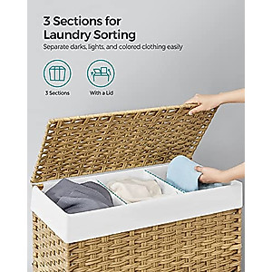 SONGMICS Laundry Hamper with Lid, 37 Gallon (140L), Rolling Laundry Basket with Wheels, 3-Section Synthetic Rattan Laundry Hamper, Removable Liner, Bedroom, 26x13x26 Inches, Natural ULCB363N01