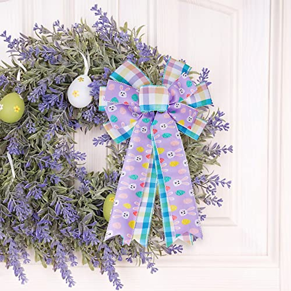 SIMISI RIBBON Easter Large Wreath Bow Burlap Wired Ribbbon Bow with Bunny Eggs Door Ornaments for Easter Day Gift Wrapping Party Decorations, 11x17.7 inch