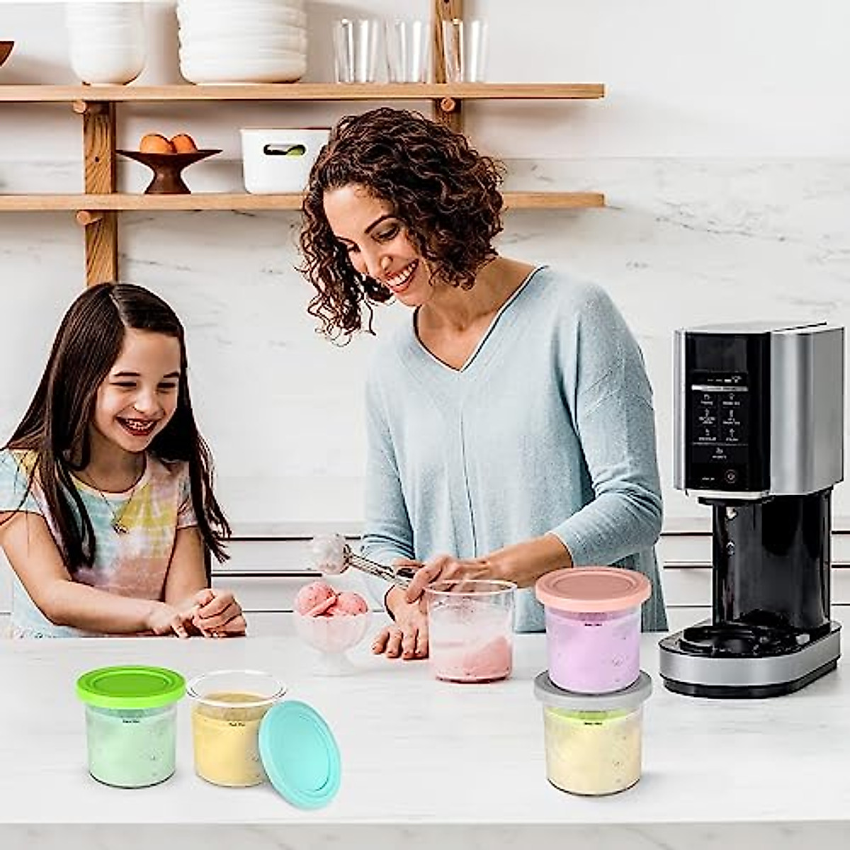 HOTUT Ninja Creami Containers,4 Pack Replacement Pints and Lids+4 Scoops Dishwasher Safe Compatible with NC301,NC300,NC299AMZ,CN305A and CN301CO Series Ninja Ice Cream Makers (Not Fit for NC501)