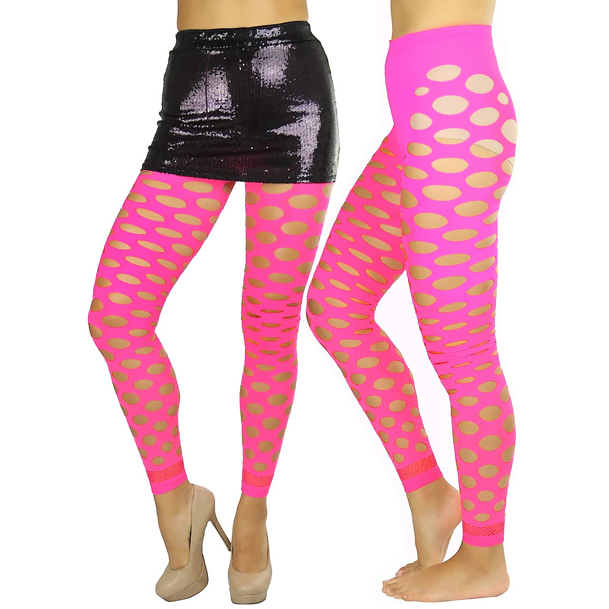 ToBeInStyle Women's Fishnet Slashed Leggings w/Footless Design - One Size - Hot Neon Pink