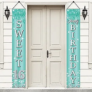 Teal Silver Happy 16th Birthday Door Banner Decorations for Girls, Breakfast Blue Sweet 16 Birthday Porch Sign Party Supplies, Happy Sweet Sixteen Year Old Birthday Decor for Outdoor Indoor