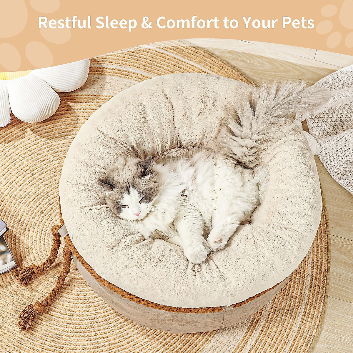寵幸 Cat Beds for Indoor Cats - Donut Washable Small Pet Bed, 22 inches Anti-Slip Round Fluffy Plush Large Cat Bed, Warm and Thicked Dog Bed, Light Brown