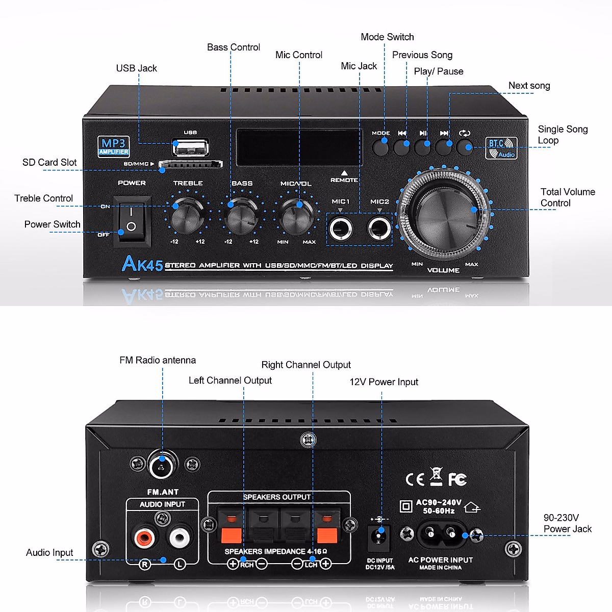 AK45 Home Audio Power Amplifier with Bluetooth, 100Wx2 Audio Stereo Receiver, Home Amplifiers w/FM Radio USB, AUX, RCA, SD for Home Theater Speakers Audio Stereo, Studio