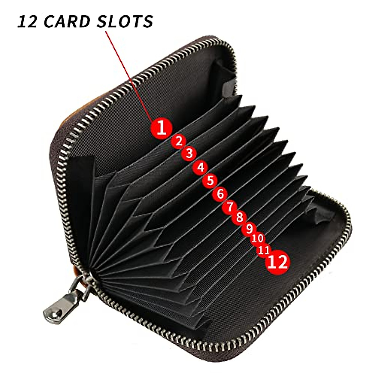 Women's Leather Zipper Wallet Card Organizer Ladies Small Purse with 12 Card Slots (Brown)