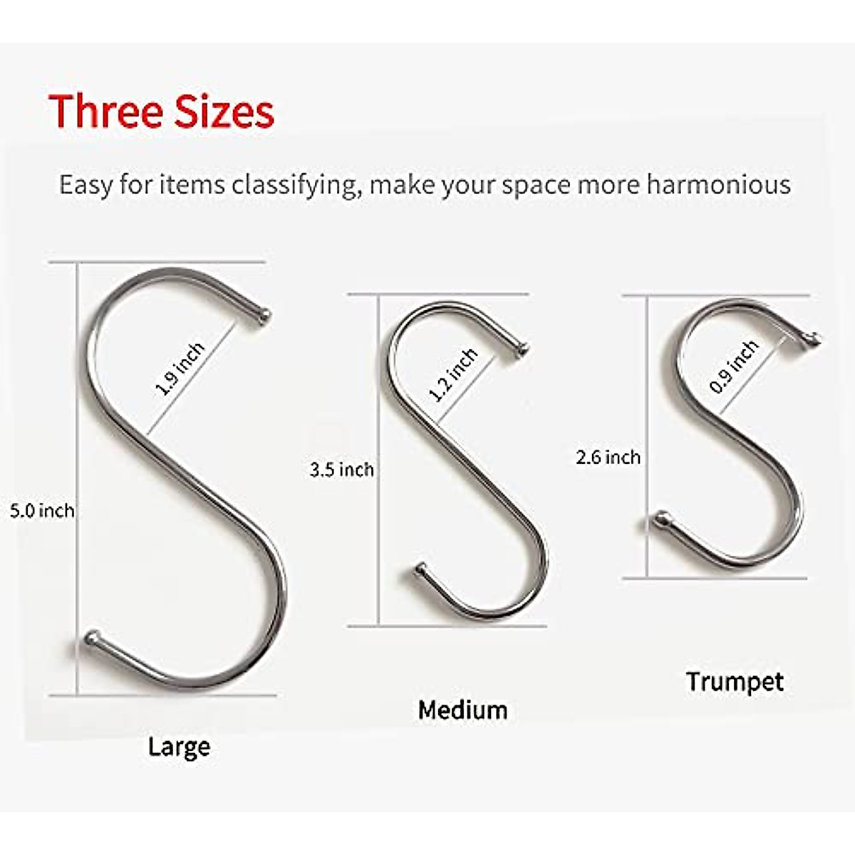 30 Pack 5.0Inch 3.8In 2.6In Assorted Size S Hooks Stainless Steel S Hanging Hooks Outdoor,Utility S Shaped Hooks for Hanging Plants,Heavy Duty S Hooks for Hanging Clothes Towels