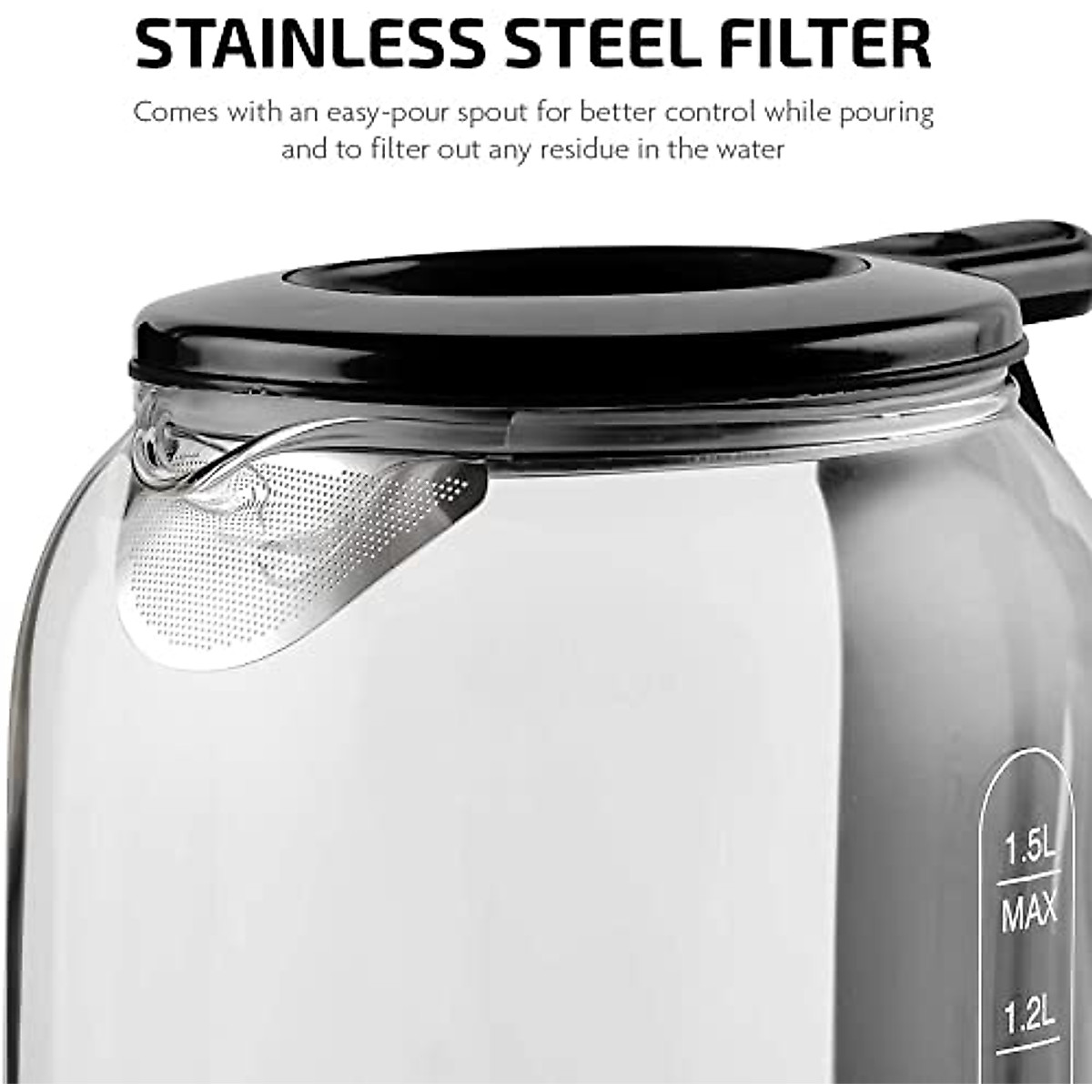 Ovente Electric Glass Kettle 1.5 Liter 1500W Power Portable Instant Hot Water Boiler Heater with ProntoFill Tech & Automatic Shut Off, Fast Boiling Cordless Body for Coffee Milk Tea, Black KG516B