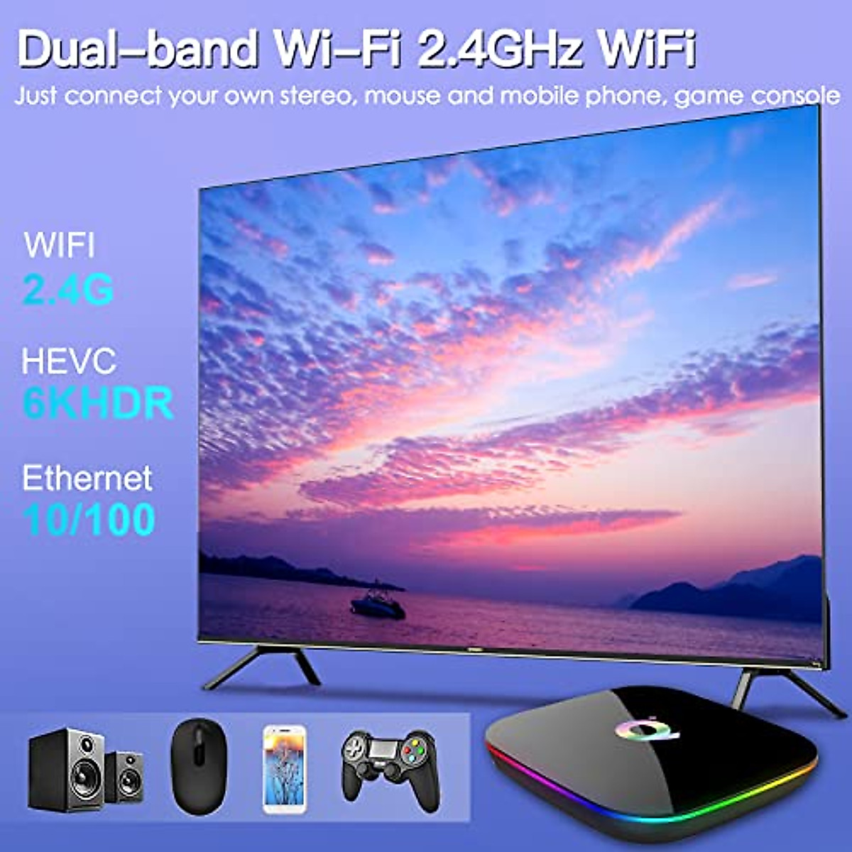 Android 10.0 TV Box 2GB RAM 16GB ROM with H616 Chip Quad-core Android TV Box Supports 2.4GHzWiFi/100M LAN/6K 3D Ultra Clear/H.265 Decoding/USB2.0 Android Box Smart TV Boxes
