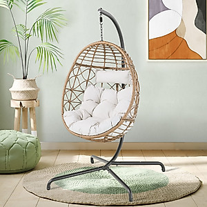 Ulax Furniture Swing Egg Chair with Stand - Indoor/Outdoor Wicker Rattan Hammock Chair with UV-Resistant Cushions - Patio Hanging Chair for Garden, Deck, and Poolside
