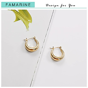 FAMARINE Chunky Hoop Earrings, Dainty Minimalist Open Hoops Earrings For Women, 14K Gold Plated