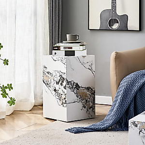 TesNus Modern Nightstand, White Bed Side Tables with Faux Marble Grain, Couch Side Tables with Cube Stylish Accent, End Table for Bedroom,Living Room (White-11.81 inch)