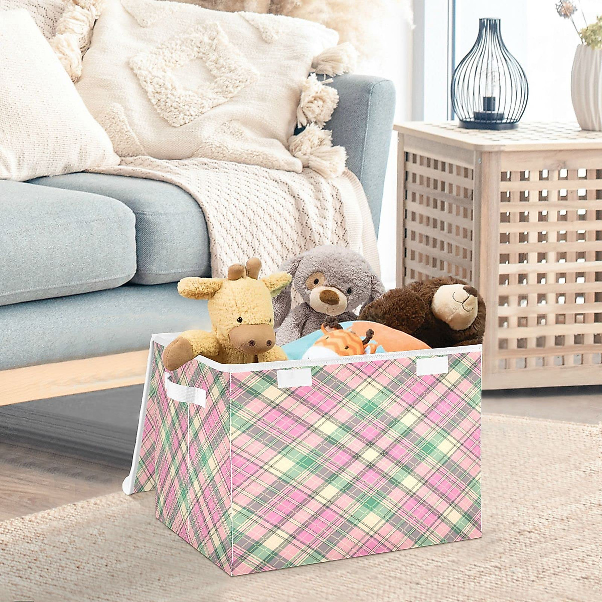 Pink Green Plaid Storage Basket 16.5x12.6x11.8 In Collapsible Fabric Storage Cubes Organizer Large Storage Bin with Lids and Handles for Shelves Bedroom Closet Office