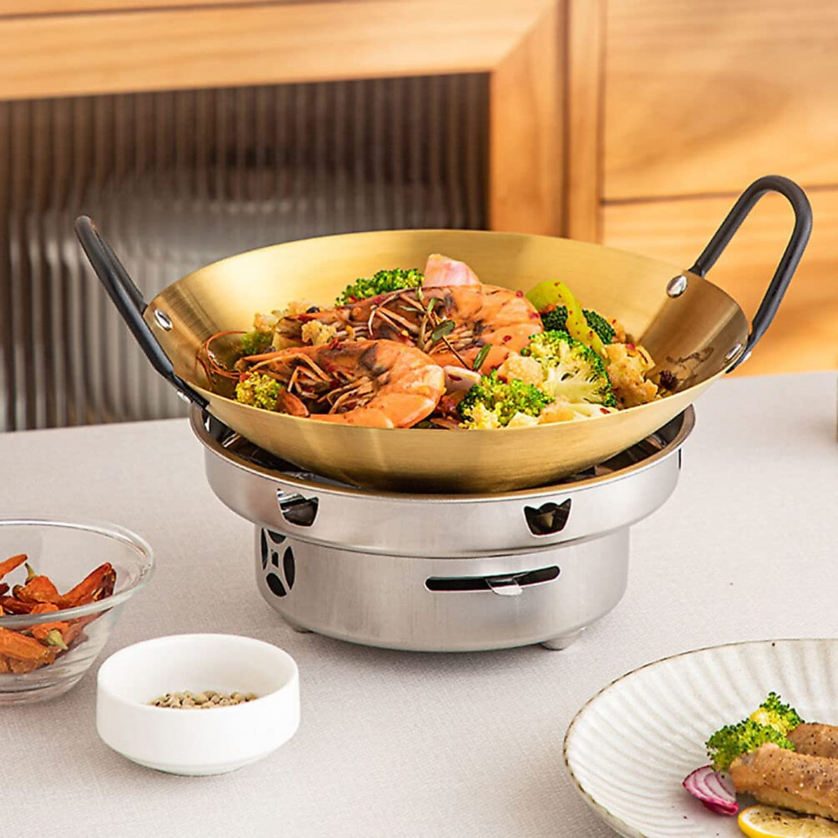 Cabilock Stainless Steel Cookware Stainless Steel Frying Cooking Pot 24cm Metal Stock Pot Stir Fry Pan Stewpot Skillet Round Bottom Wok Pan Binaural Wok for Kitchen Cooking Camping Cooking Set