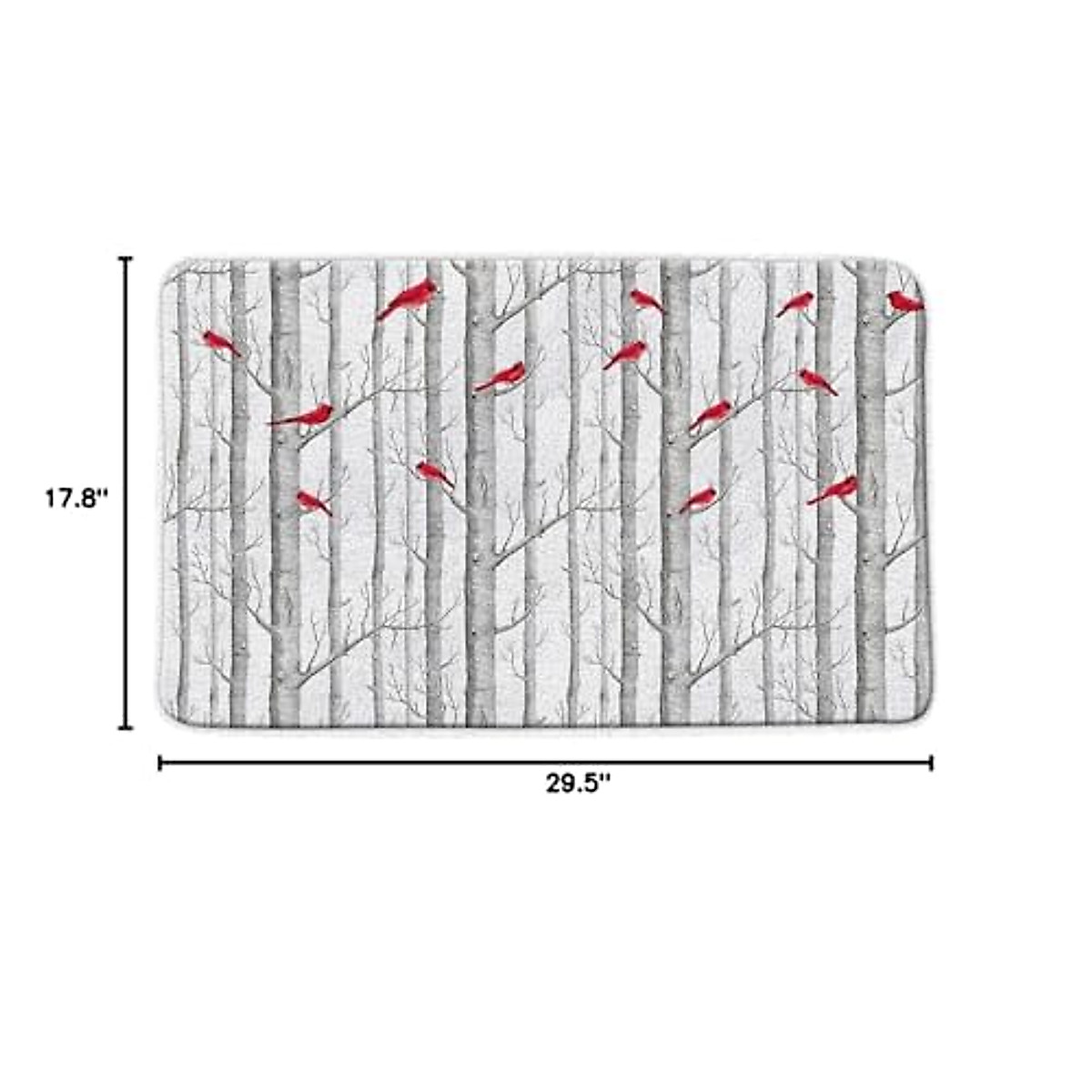 Tree Bird Bath Mat Abstract Birch Tree Forest Red Bird Branches Leafless White Gray Fall Nature Winter Holiday Christmas Bathroom Decor Memory Foam Kitchen Rug,17.8x29.5 Inch