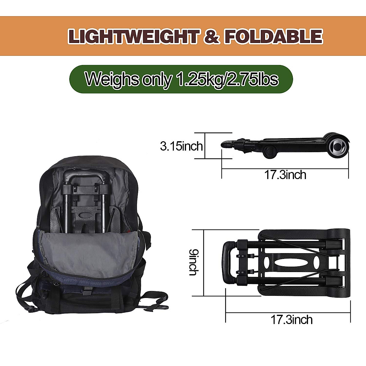 KINJOEK 25kg 55lbs Folding Hand Truck, Solid Construction Utility Cart for Luggage with 2 Oversized Wheels Bonus Bungee Cord, Collapsible, Lightweight and Compact Luggage Dolly Cart for Travel, Black