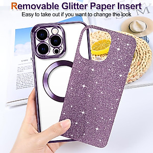Hython for iPhone 14 Pro Max Case Glitter, Clear Magnetic Phone Cases with Camera Lens Protector [Compatible with MagSafe] Bling Sparkle Plating Soft TPU Slim Shockproof Protective Cover Women-Purple