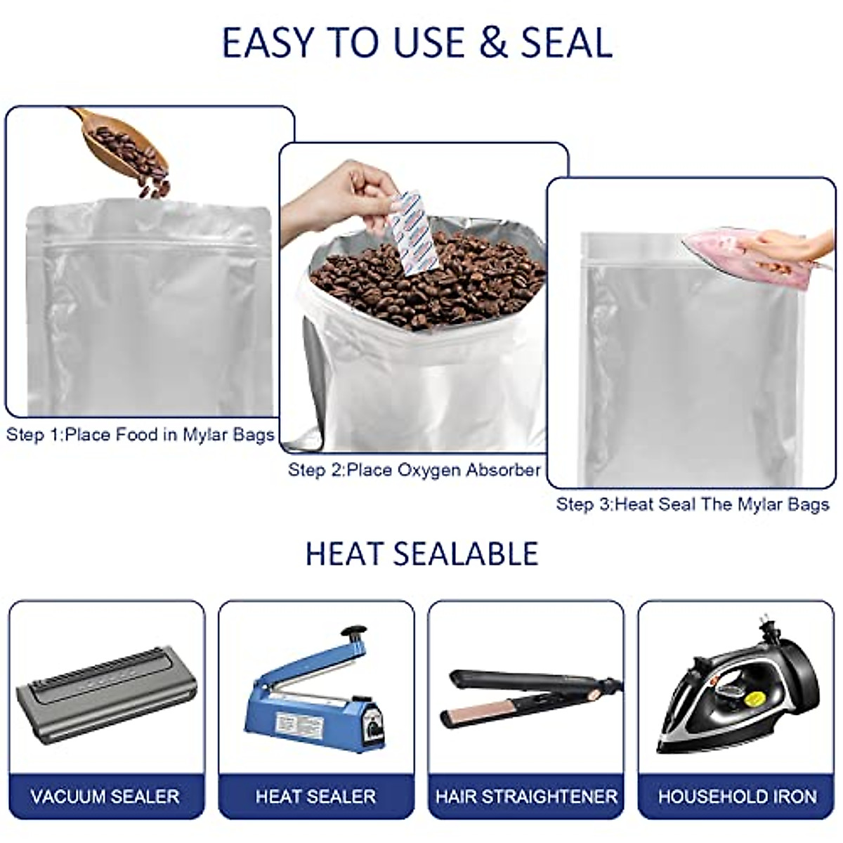 20 PCS 5 Gallon Food Storage Bags- 10 Mil Thick Resealable Mylar Bags with 2000cc Oxygen Absorbers for Home, kitchen, Camping, Hiking, Boat, Long Trips, Fishing, Travelling, Beach Food Storage