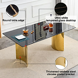 Marble Dining Table for 6-8,71'' Modern Dining Table with 0.39'' Thick Glass Tabletop and Chrome-Plated Stainless Steel Base,Gold Dinner Table Ideal for Kitchen Home Office