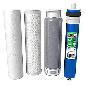 AQUATICLIFE Reverse Osmosis 10” Replacement Filter Cartridges Kit - Includes Carbon Block Filter, Sediment Cartridge, 50 GPD Membrane and Mixed-Bed Color Changing Deionization Resin for RO/RODI System