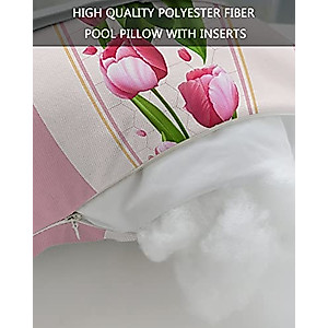 Recliner Head Pillow Ledge Loungers Chair Pillows with Insert Mother's Day Watercolor Tulips Pink Border Lumbar Pillow with Adjustable Strap Outdoor Waterproof Patio Pillows for Beach Pool, 2 PCS