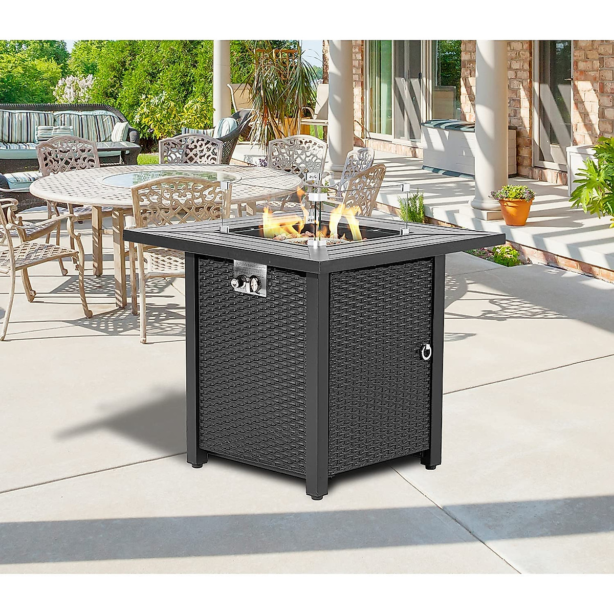 HOMPUS Outdoor Propane Fire Pit Table 28-inch 40,000 BTU Imitation Wicker Square Glass Top Fire Table w Wind Guard,Lava Rocks,Rain Cover Gas Smokeless Fire Pit for Outside Patio,Garden,Deck,Backyard