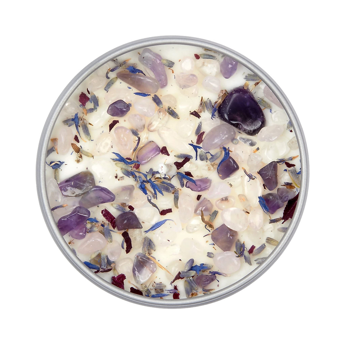 Stress Relief Candle by New Moon Beginnings - Lavender Scented Candle - Dried Flower & Crystal Candles - All Natural Essential Oil Soy Candle (8 Ounce Round Tin)