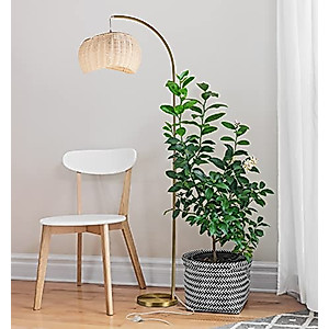 Brightech Wave Arched Floor Lamp – Unique Hanging Wicker Shade for Living Rooms – Rattan Style Matches Boho and Other Décor – Arcs Over Sofas and Dining Tables for Compliments - Brass