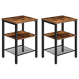 HOOBRO Nightstands Set of 2, 3-Tier Side Table with Adjustable Shelf, Industrial End Table for Small Space in Living Room, Bedroom and Balcony, Stable Metal Frame, Rustic Brown BF12BZ01