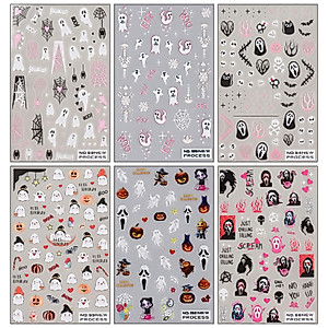 JMEOWIO 6 Sheets Pink Halloween Nail Art Stickers Decals Self-Adhesive Pegatinas Uñas Cute Skull Horror Ghost Witchy Spider Web Bat Spook Nail Supplies Nail Art Design Decoration Accessories