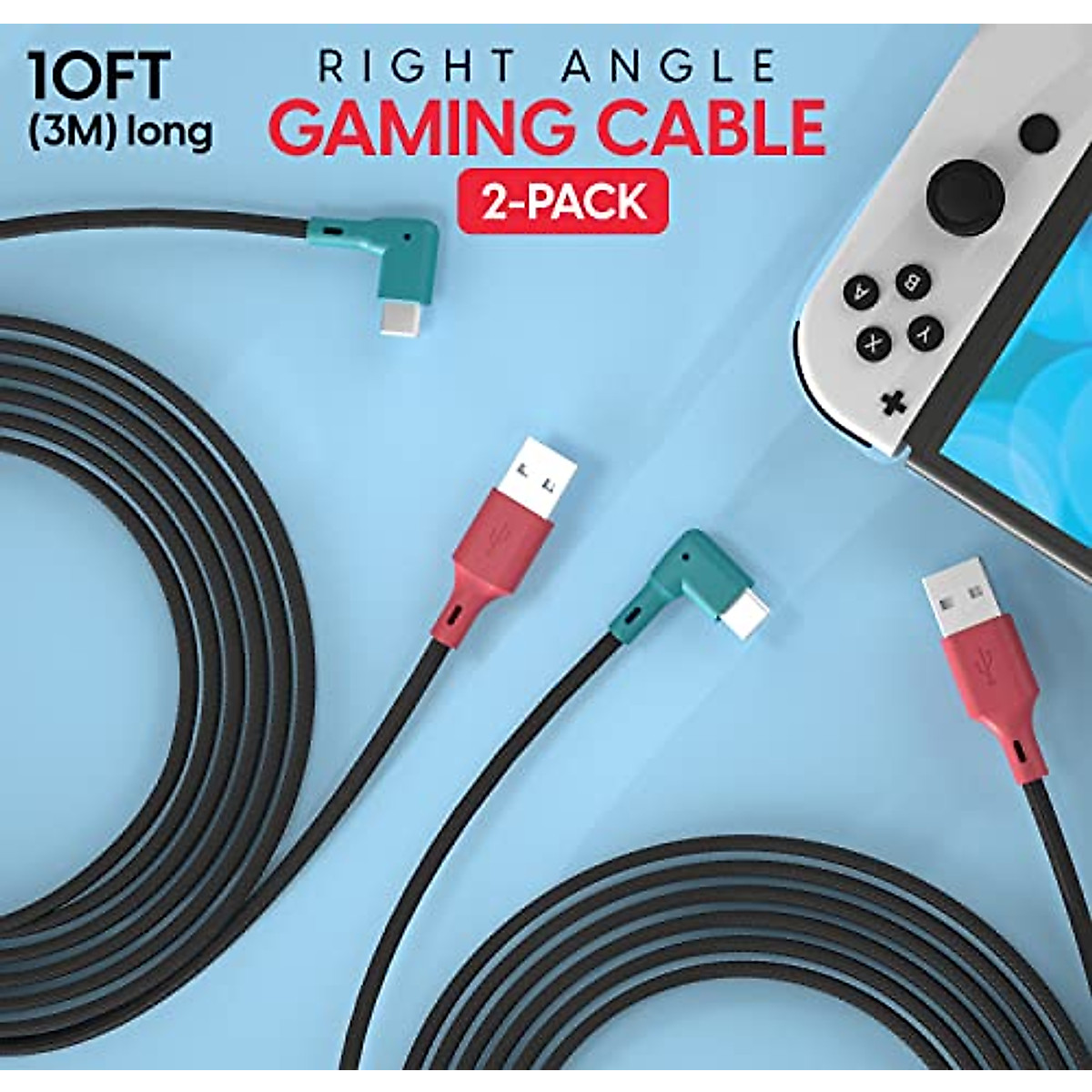 TALK WORKS Fast Charging Cable Compatible with Nintendo Switch, Switch Lite & OLED - USB-C Charger Cables - 10 ft. Long, Right-Angle Cable for Comfortable Mobile Gaming - Blue/Red (2 Pack)