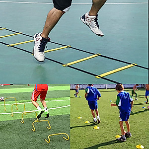 TNZMART Agility Ladder and Disc Cones Training Set Adjustable Rungs Training Ladder with 10 Plastic Sport Cones for Training (Yellow, 6 Hurdles)