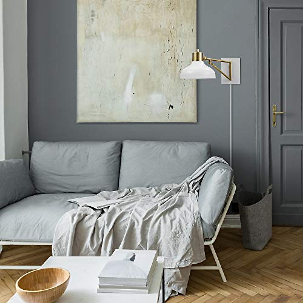 Globe Electric 51344 1-Light Plug-in or Hardwire Swing Arm Wall Sconce, White, Brass Accents, White Cloth Cord, Wall Lighting, Wall Lights for Bedroom, Kitchen Sconces Wall Lighting, Home Décor