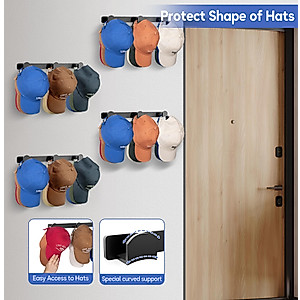 KIMBORA 4 Packs Hat Rack for Wall, Hat Organizer for Baseball Caps Holds 36 Hats, 3 Mounting Options Hat Hook Hanger, Strong Baseball Hat Holder Storage, Hat Display for Door, Room, Closet (Black)