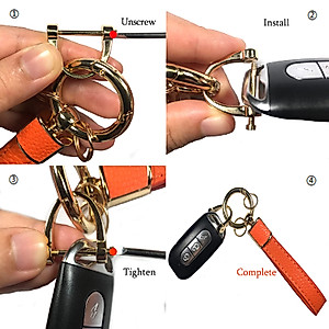leather men and women general-purpose car keychain chain holders can be rotated 360 degrees, anti-lost D-rings, Orange + Gold Horseshoe Buckle,