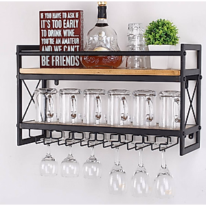 OISSIO Industrial Stemware Rack Wall Mounted,Wine Rack with Wood Shelves,2 Tier Stemware Storage with 6 Stem Glass Holder for Wine Glasses,Mugs,Home Decor,Black(24 inch)