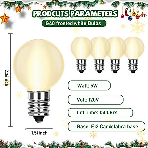 G40 Replacement Light Bulbs, 5 Watt Frosted White Globe Incandescent Bulbs fits E12 Candelabra Base, Christmas String Lights Bulbs for Indoor Outdoor Patio Decor, 2200K Warm White -25 Pack