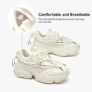 BEAU TODAY Chunky Sneakers for Women,Women Fashion Platform Sneakers,Leather Comfortable Casual Walking Dad Shoes Beige US 7