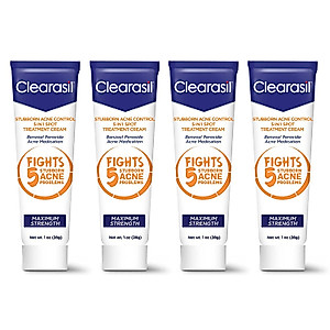 Clearasil Stubborn Acne Control 5in1 Spot Treatment Cream, Maximum Strength, Benzoyl Peroxide Acne Medication, Fights Blocked Pores, Pimple Size, Excess Oil, Acne Marks & Blackheads, 1 oz (Pack of 4)